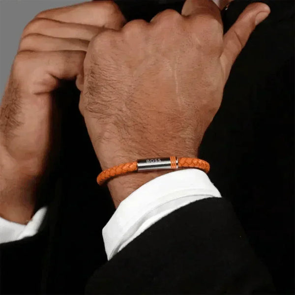 Hugo Boss Jewellery Men's Ares Single Orange Braided Leather & Steel B ...